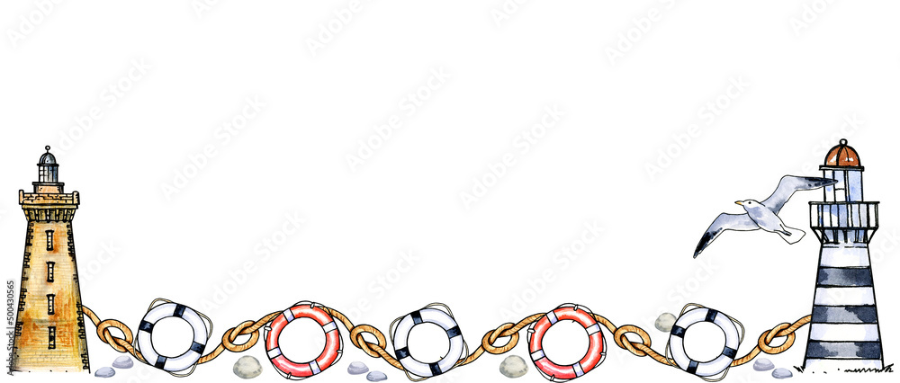 Watercolour border with lighthouse, seabird, lifesaver and knot on ...