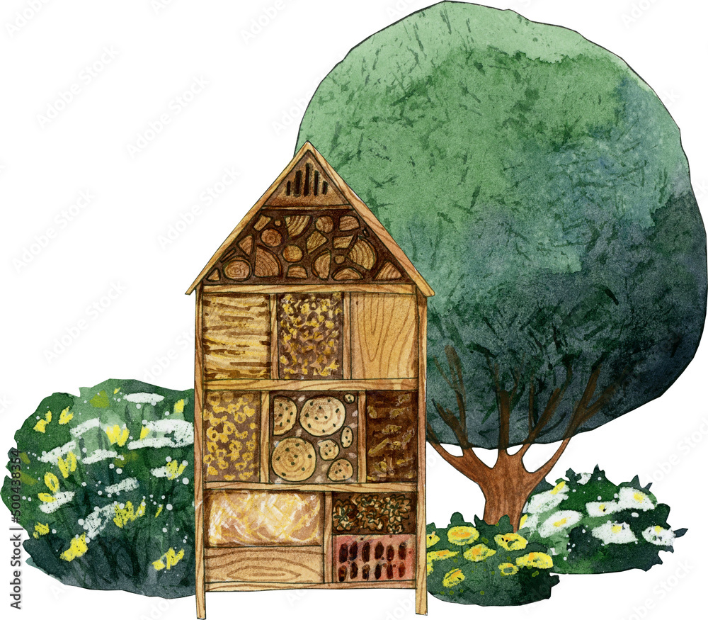 cute bug hotel illustration, insect house clipart, watercolor fairy ...