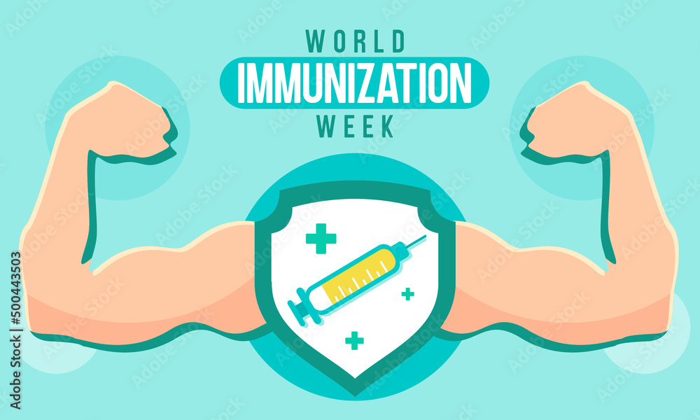 Vector illustration of syringe in shield icon with strong arm symbol ...