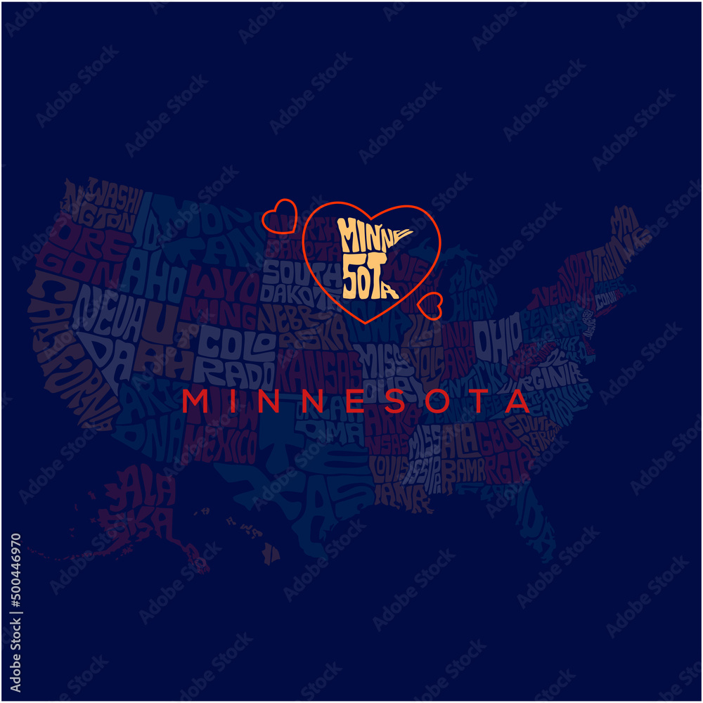 Minnesota map typography. Us map lettering with all states names. Stock ...