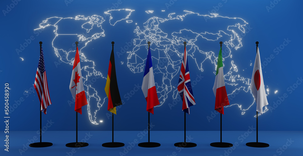G7 summit. flags of members of G7 group of seven and list of countries ...