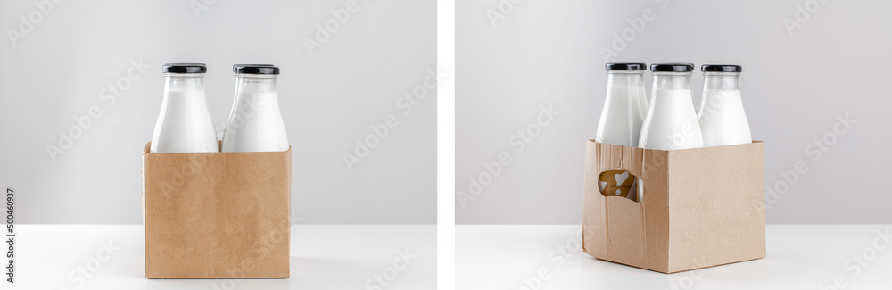 Packaging for dairy products, glass bottles for milk on a white ...