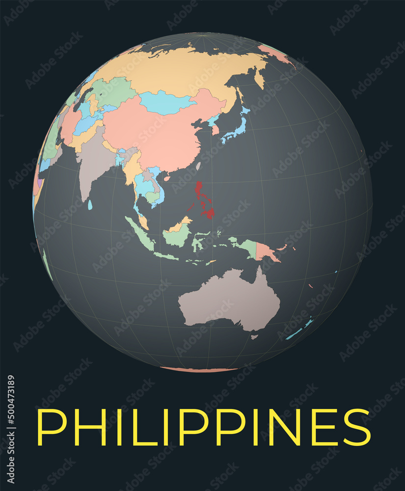 World map centered to Philippines. Red country highlighted. Satellite ...