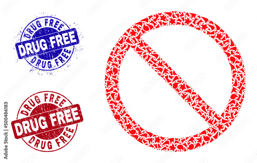Round DRUG FREE corroded rubber prints with text inside round forms ...