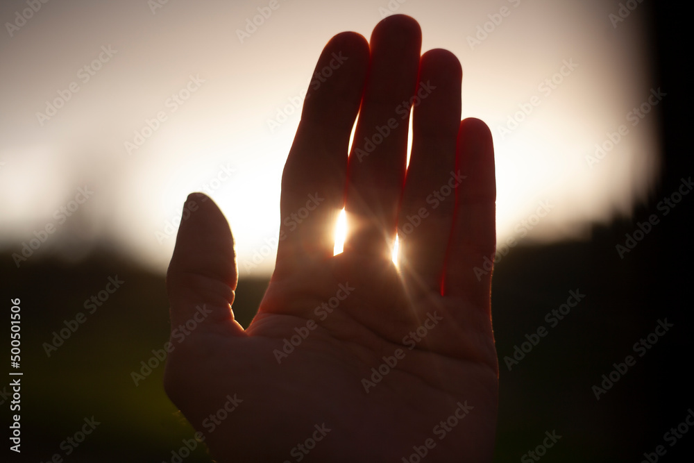 Palm against background of sun. Hand is in details. Fingers let in ...