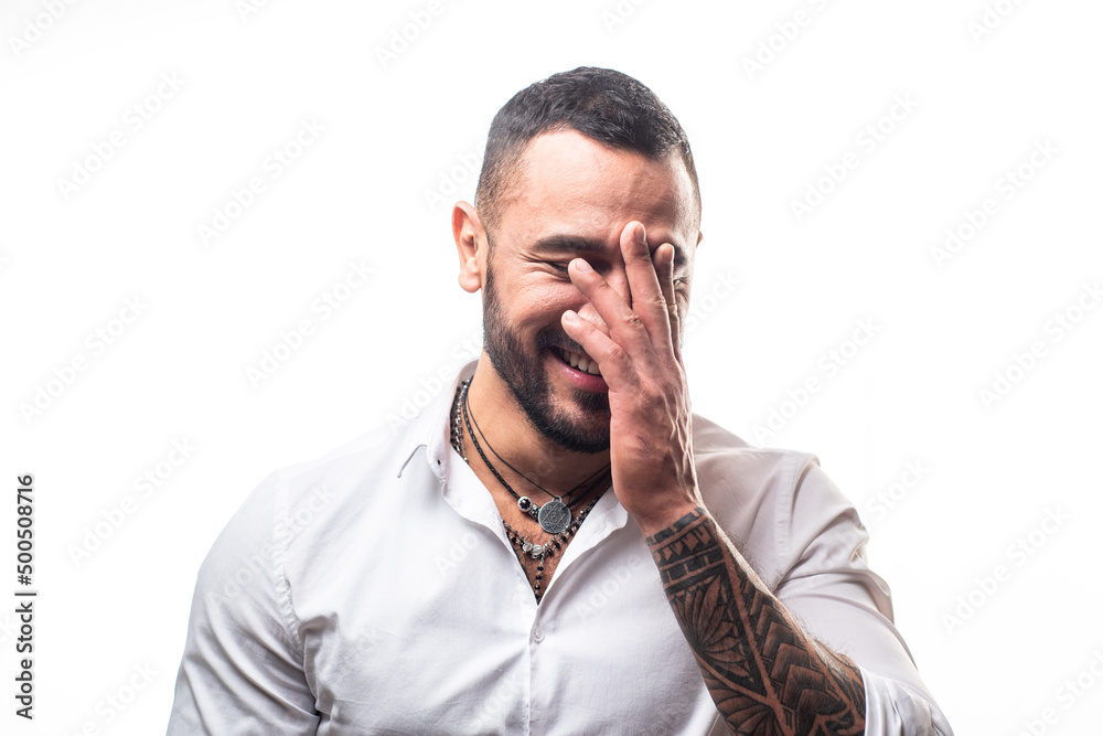 Shy face of man. Male face expression. Handsome man hides face with ...