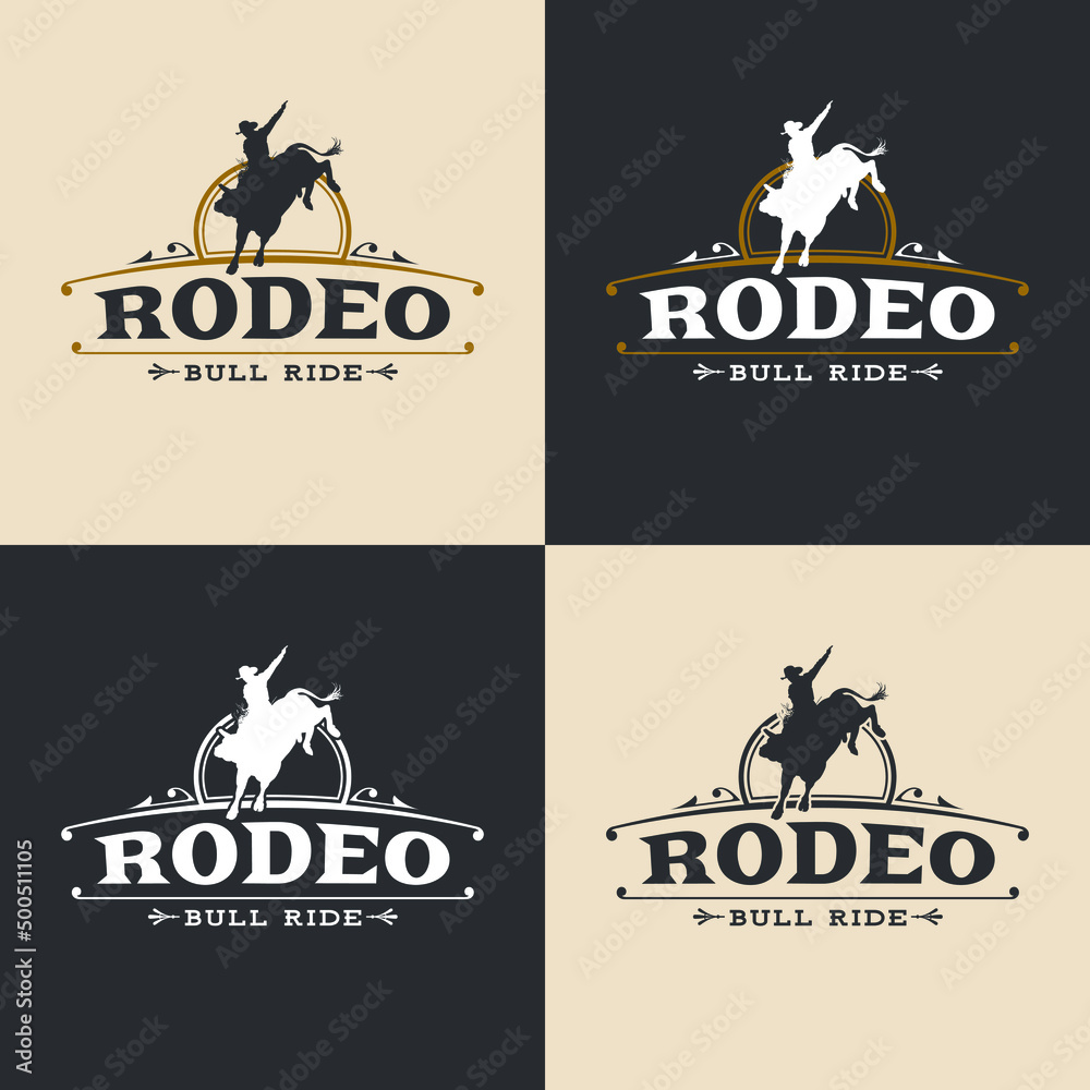 A rodeo logo with western design elements and a silhouette cowboy bull ...