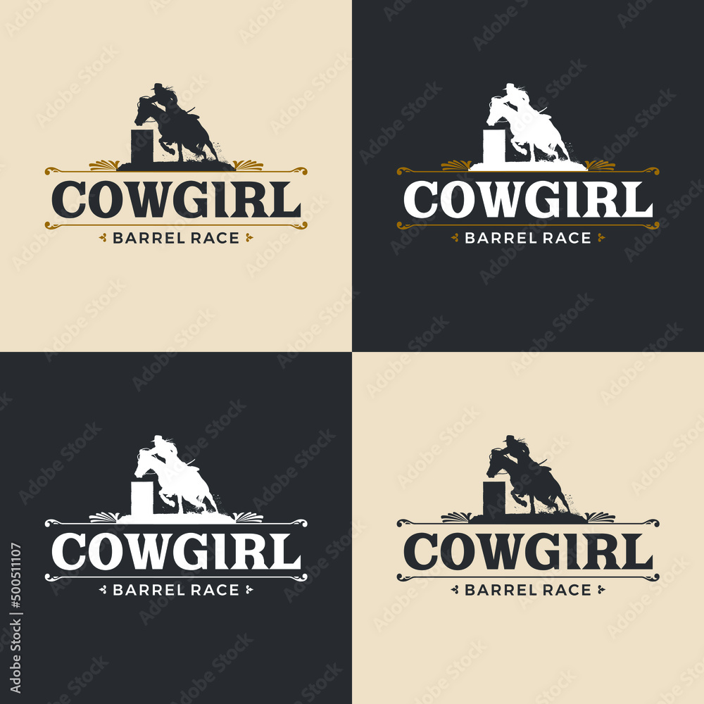 A rodeo logo with western design elements and a silhouette cowgirl ...