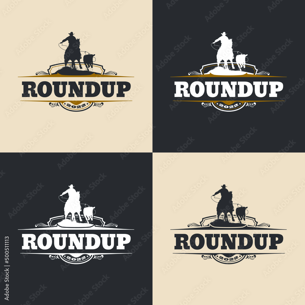 A rodeo logo with western design elements and a silhouette cowboy calf ...