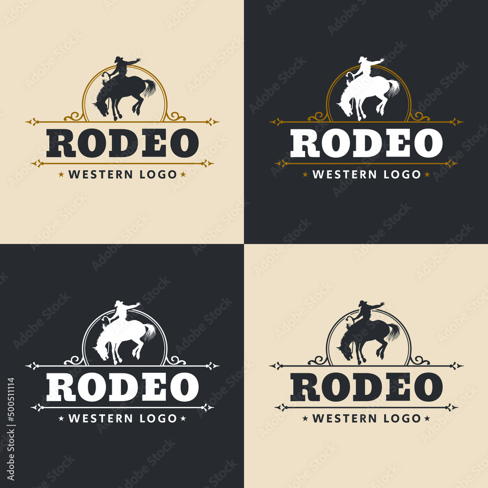 A rodeo logo with western design elements and a silhouette cowboy ...