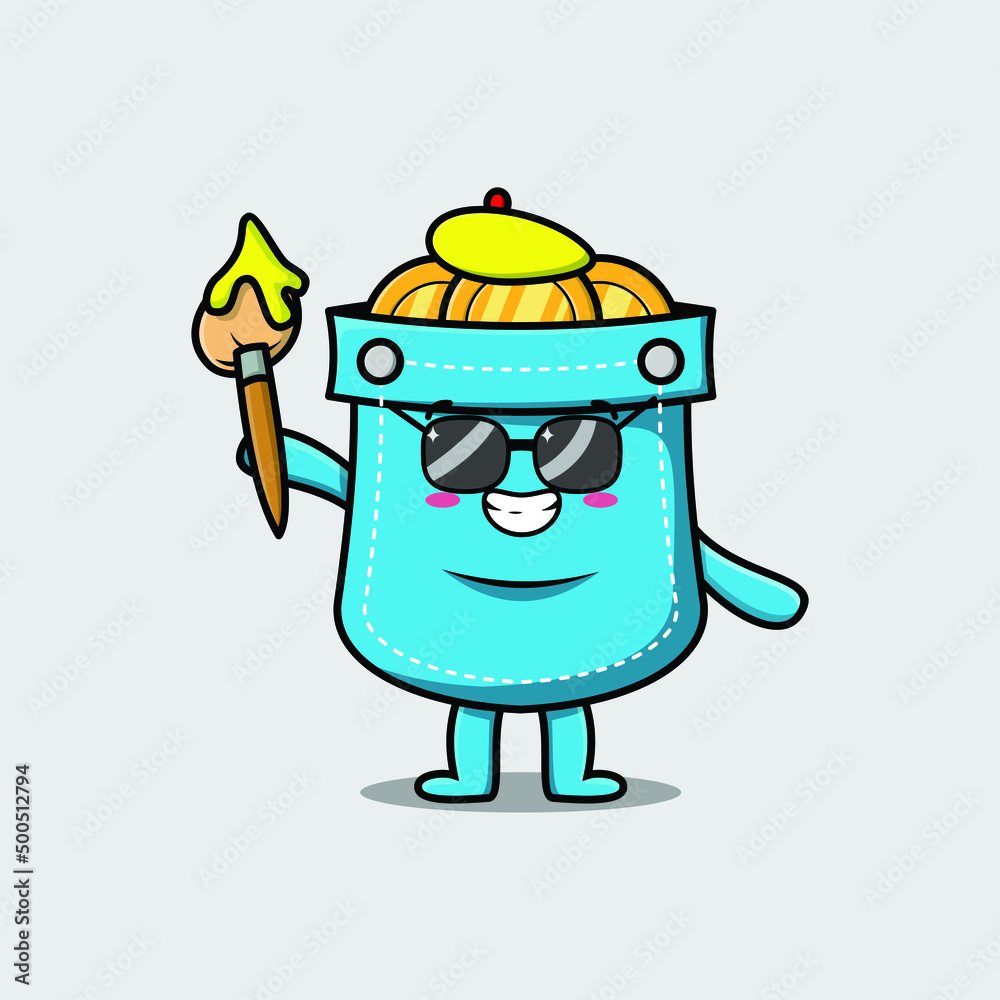 Cute cartoon character Pocket painter with hat and a brush to draw in ...