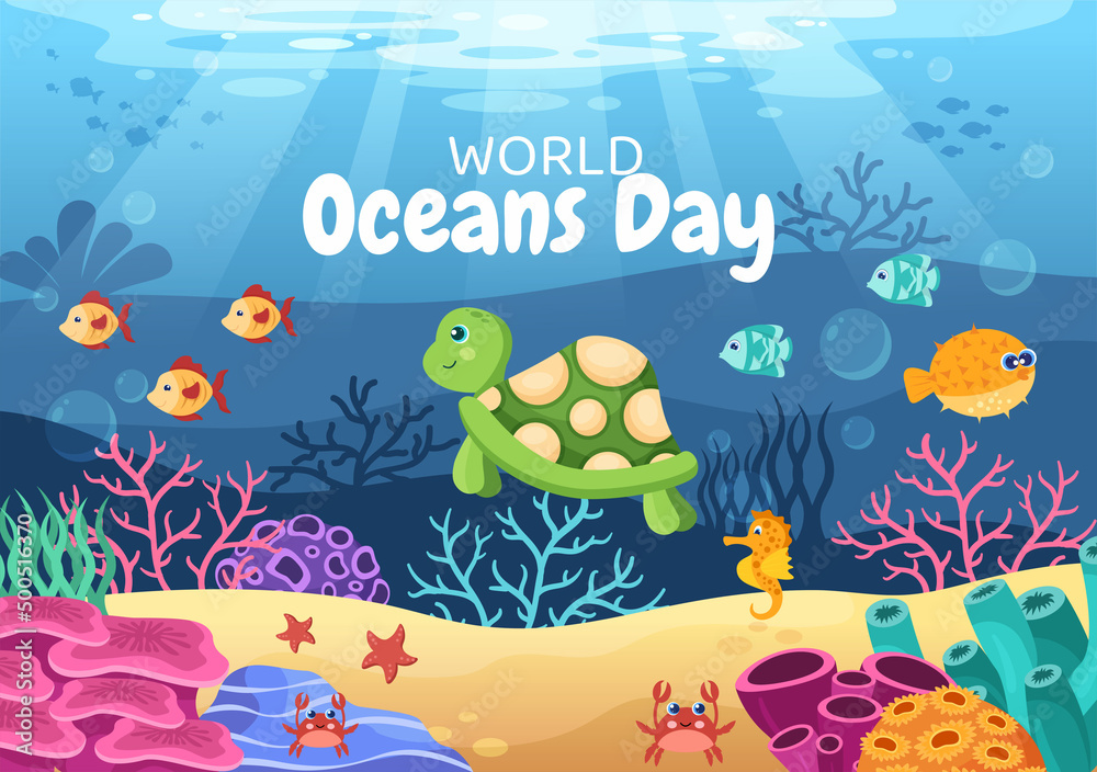 World Ocean Day Cartoon Illustration with Underwater Scenery, Various ...