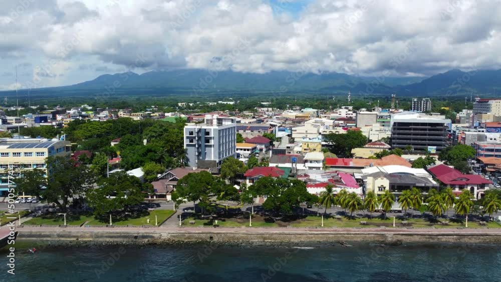 An aerial panoramic view of Dumaguete City streets (capital of Negros ...