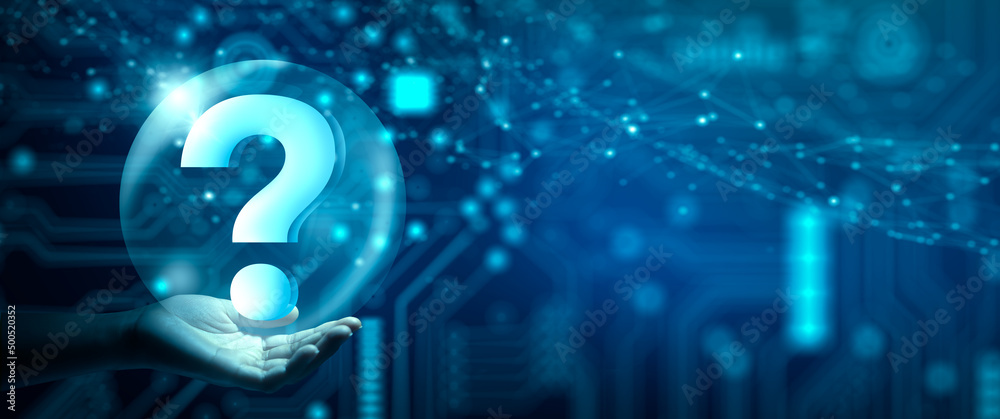 Man hand holding digital question mark holographic. Abstract Technology ...