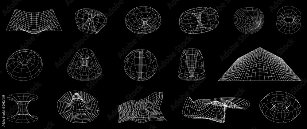 Collection of futuristic cyberpunk style elements. Geometric wireframe of circle, earth ...