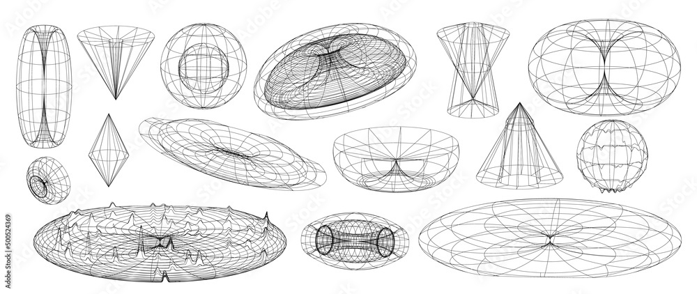 Collection of futuristic cyberpunk style elements. Geometric wireframe ...