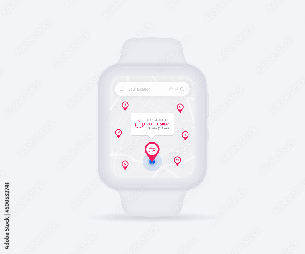 Smartwatch Map GPS navigation app ux ui concept, clock map application, App search map ...