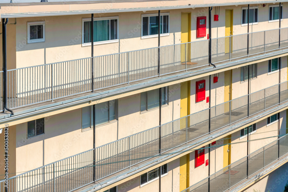Multi-storey apartment building with railings at San Francisco ...