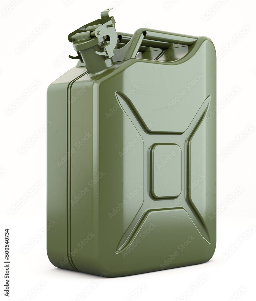 Canister for gasoline and diesel fuel on a white background. Close-up ...