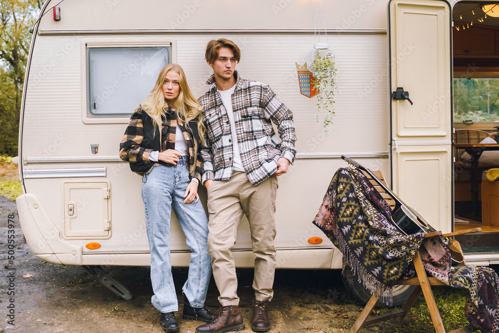 Young just married couple traveling in camper,house on wheels,trailer ...