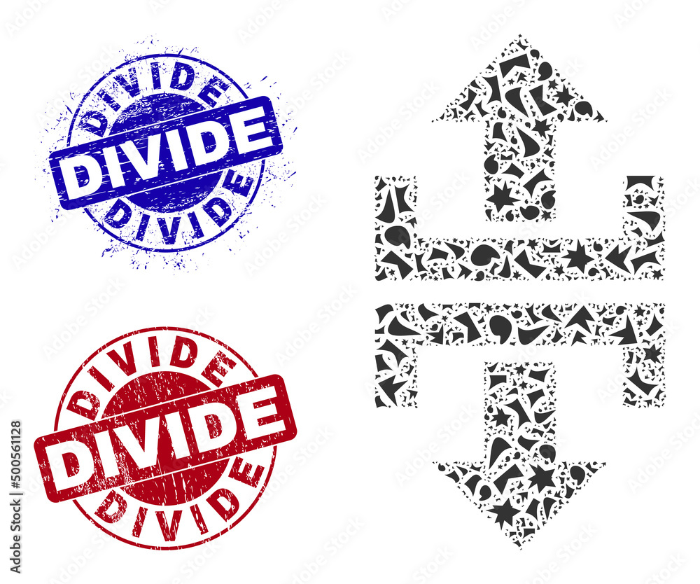 Round DIVIDE unclean stamps with text inside round forms, and shard ...