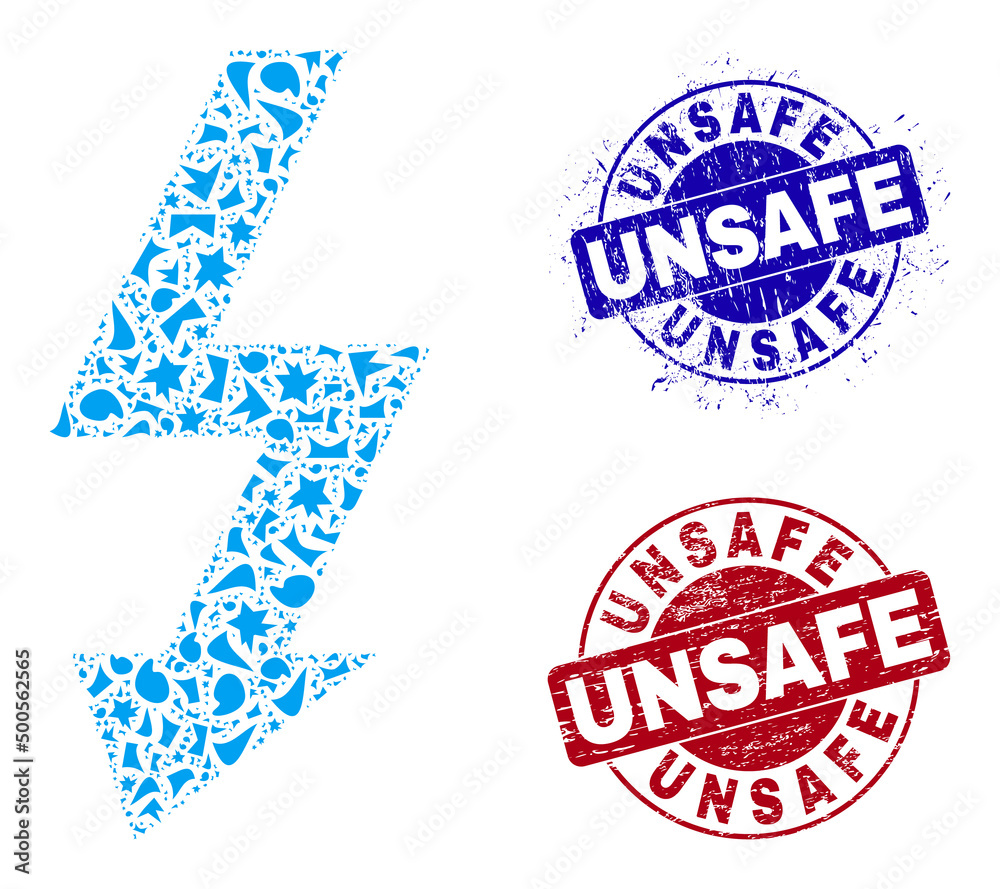 Round UNSAFE rough stamp prints with tag inside round forms, and ...