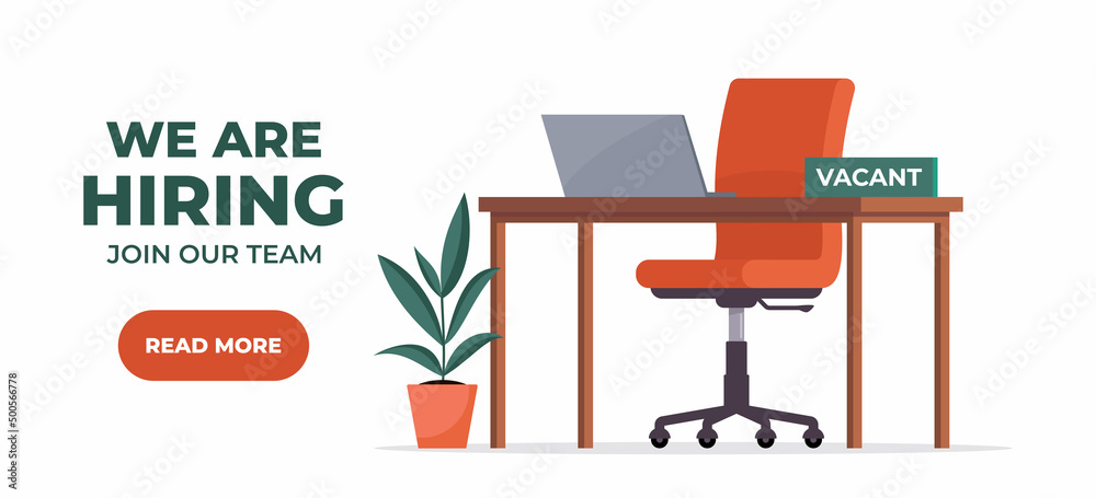 We're hiring poster. Workplace in the office with an empty chair and a ...