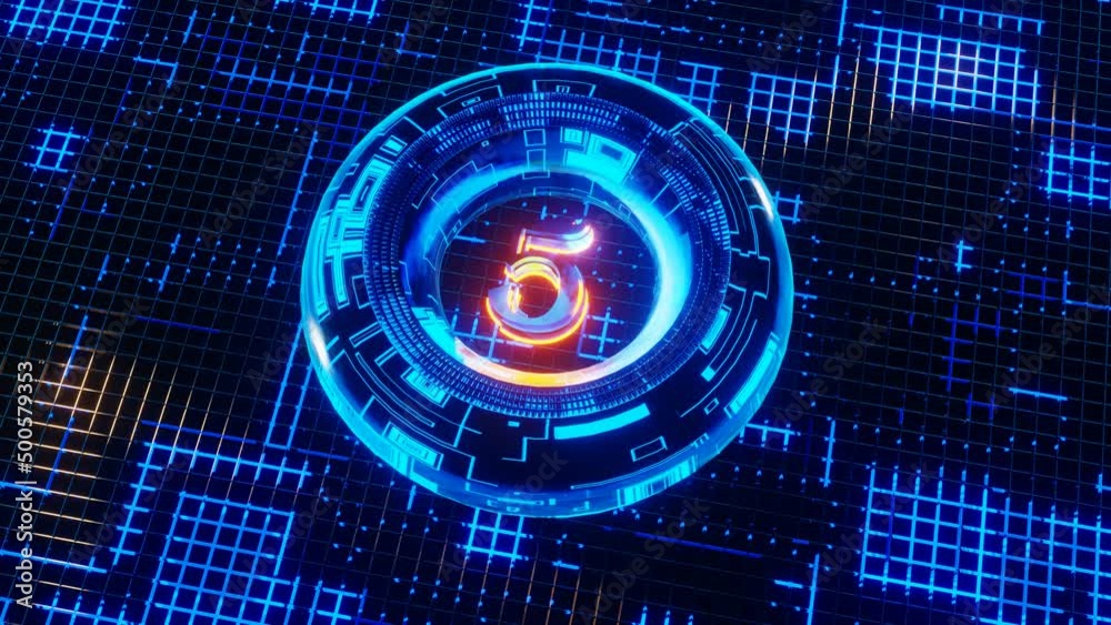 4K 3D animation. Neon bright glowing countdown timer from 10 to 0 seconds. Digital Tech clock ...
