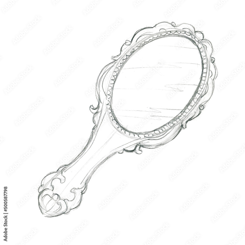 Hand-drawn graphite pencil sketch of vintage mirror. Freehand pencil ...