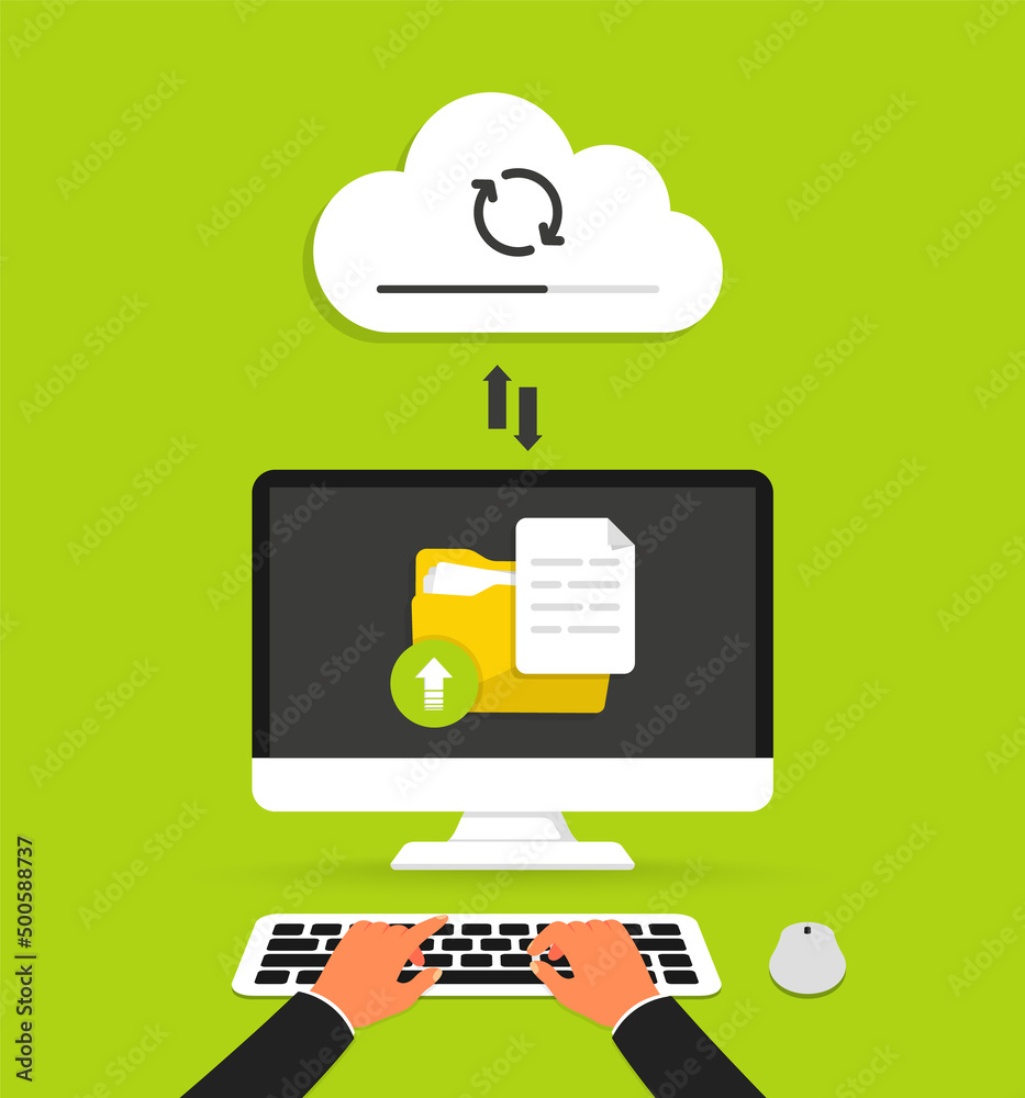 Cloud computing. Uploading process on computer screen. Data storage and ...