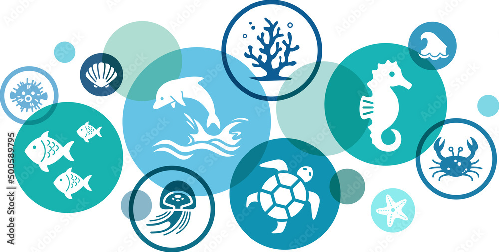 Marine life or ecosystem vector illustration. Concept with icons ...