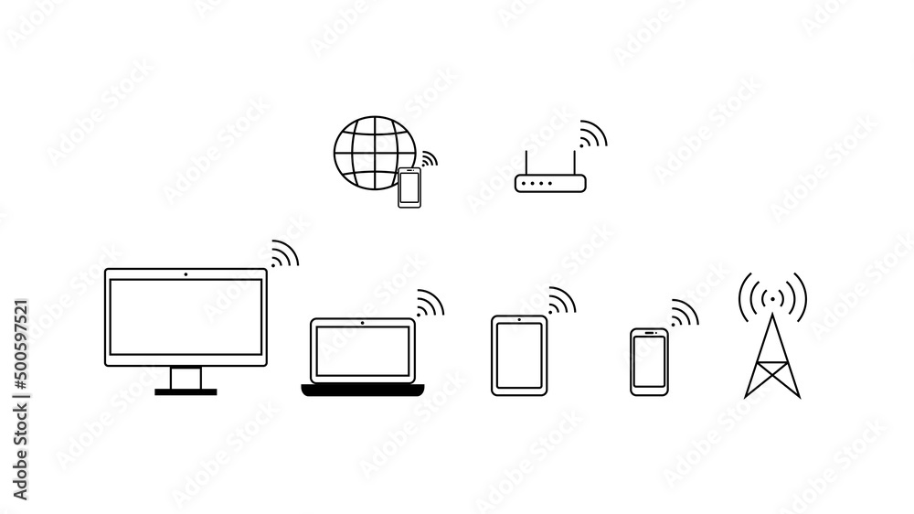 Data network outline icons set: earth emblem, mobil phone, wi fi router ...