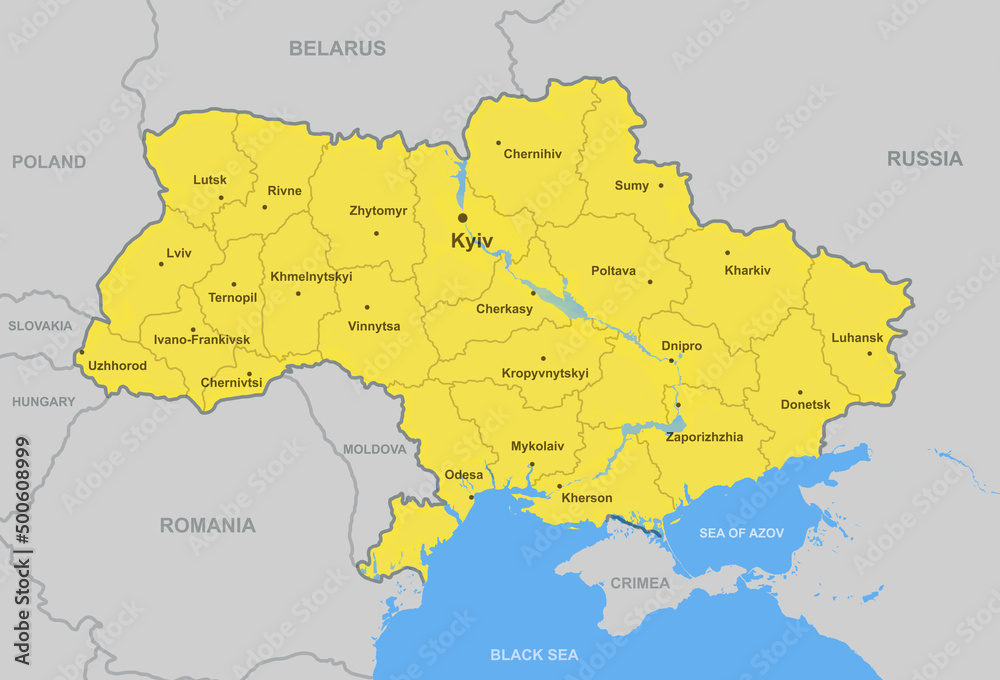 Outline map of Ukraine with cities, region borders and Black Sea Stock ...