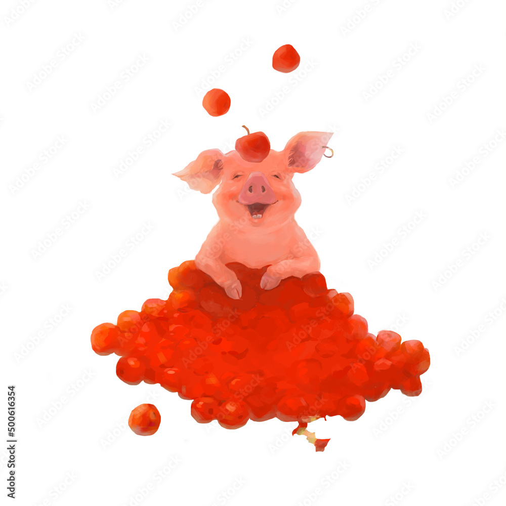 Little pig and red apples. Digital cartoon illustration for cards, book ...