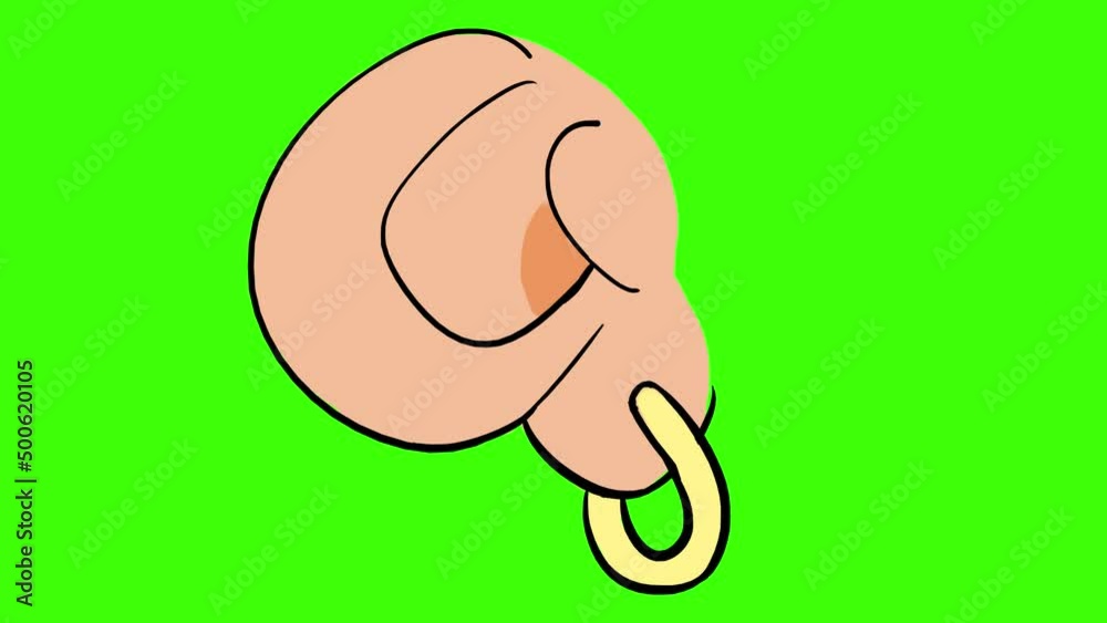 Cartoon ear with an earring on a green screen. Hearing organ in 2D ...
