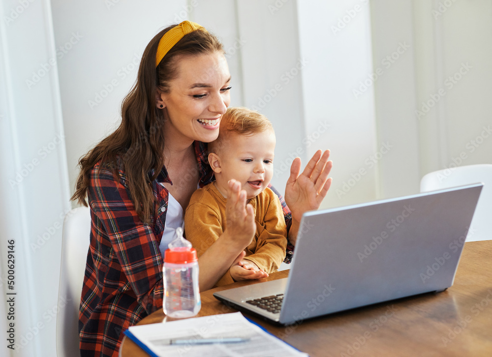 mother baby laptop computer child woman working business parent mom ...