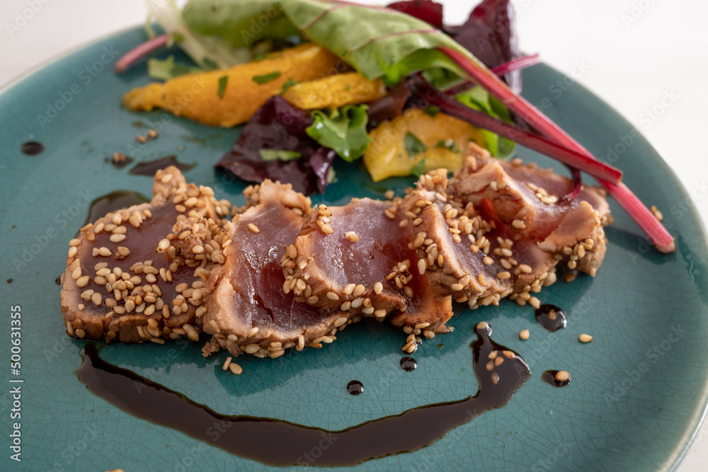 Japanese style, Red tuna tatami, fresh tuna sliced served with orange ...