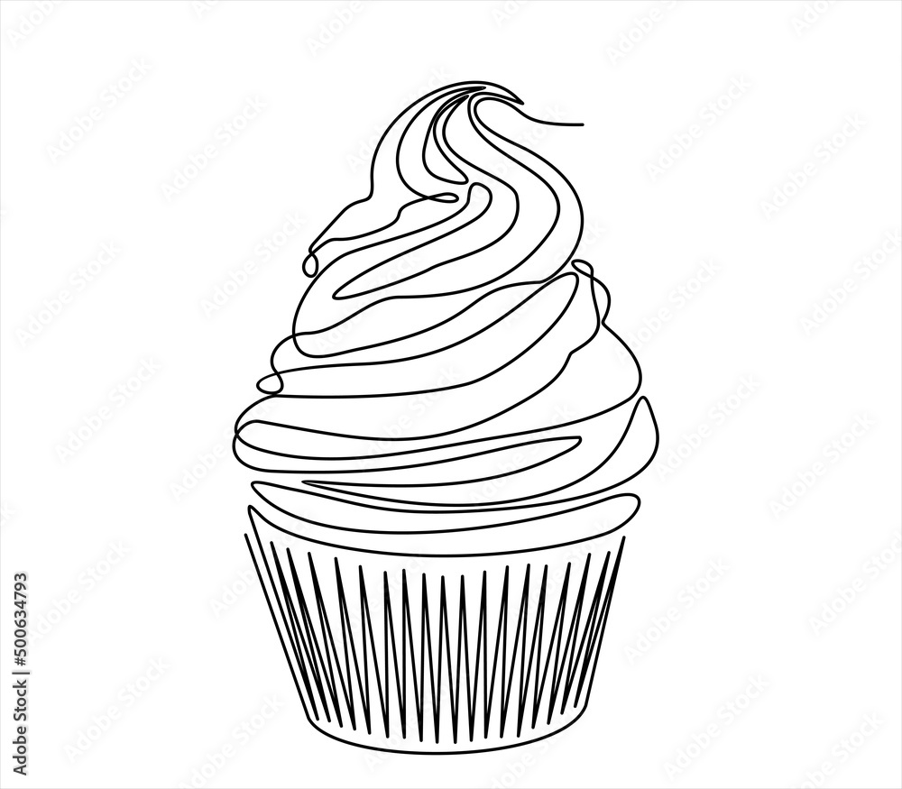 Cupcake with decoration continuous line drawing element isolated on ...