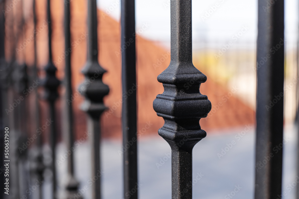 Close up Modern metal railings and handrails in the loft style. The ...