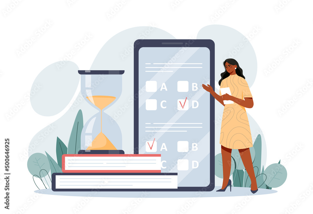 Girl taking test. Woman in front of smartphone, female student on ...