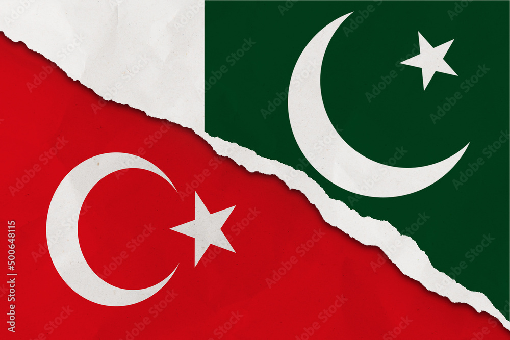 Pakistan and Turkey flag ripped paper grunge background. Abstract ...