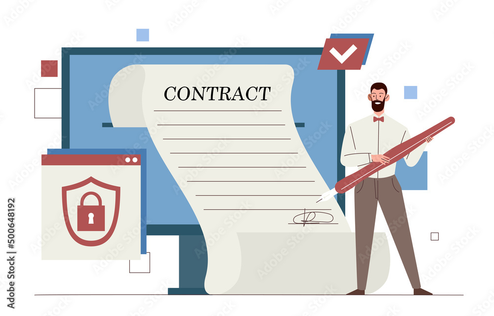 Electronic contract concept. Man stands with pen near paper on screen ...