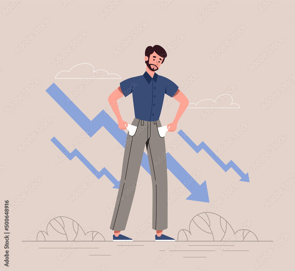 Poor man show pockets. Young guy stands against background of falling ...