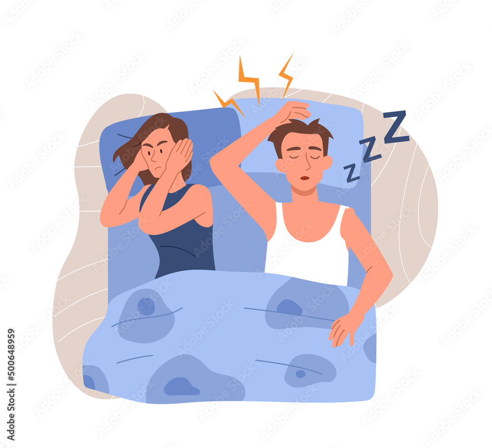 Snoring husband concept. Girl lies next to guy, covers her ears with ...