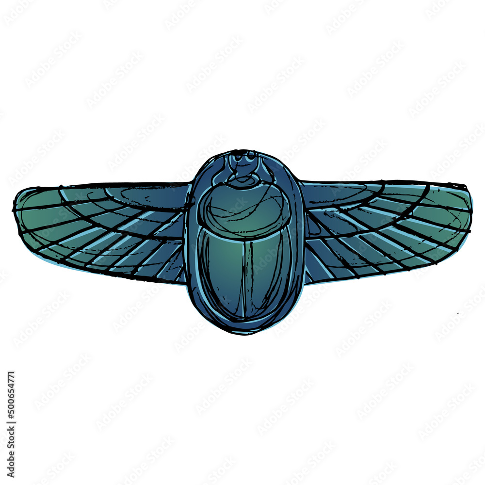 Winged scarab. Ancient Egyptian sacred symbol. Hand drawn colorful ...
