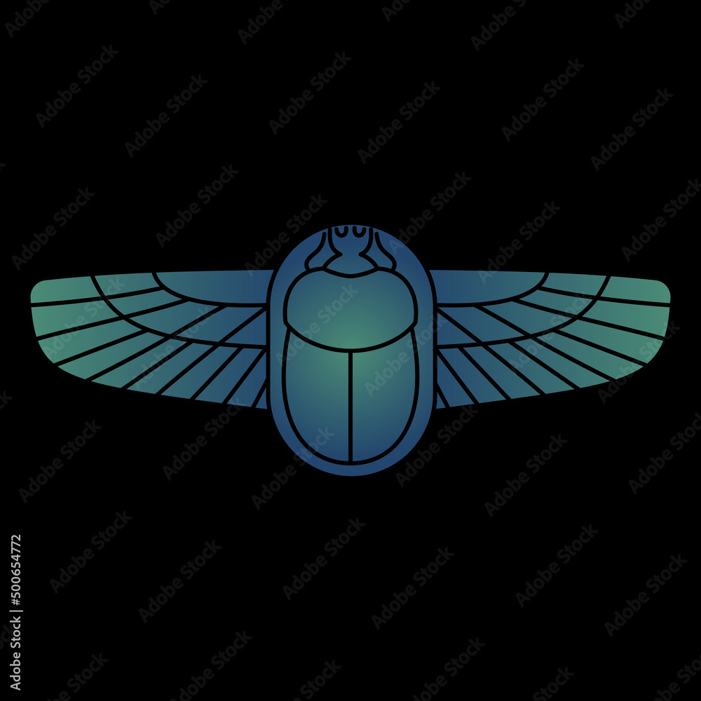 Winged scarab. Ancient Egyptian sacred symbol. Blue and green shape on ...