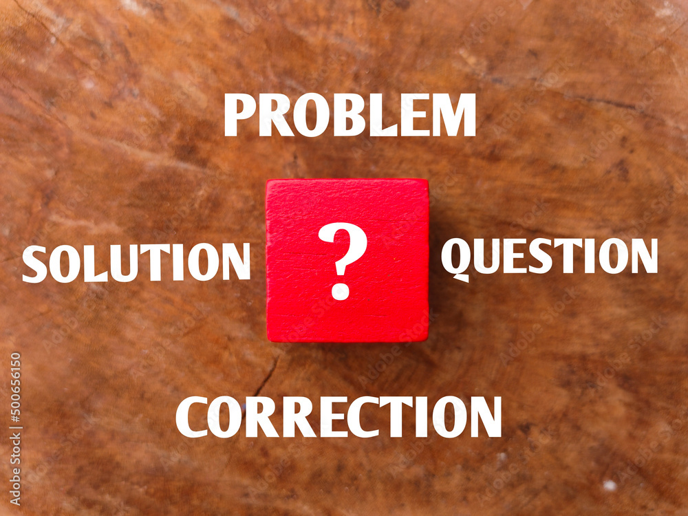 Wooden cube with question mark symbol and word PROBLEM SOLUTION ...