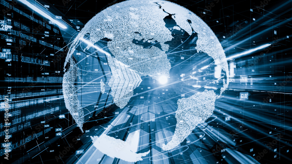Futuristic global network and tacit digital data transfer 3D graphic ...