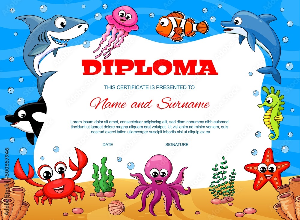 Vettoriale Stock Kids diploma with underwater cartoon sea animal vector ...