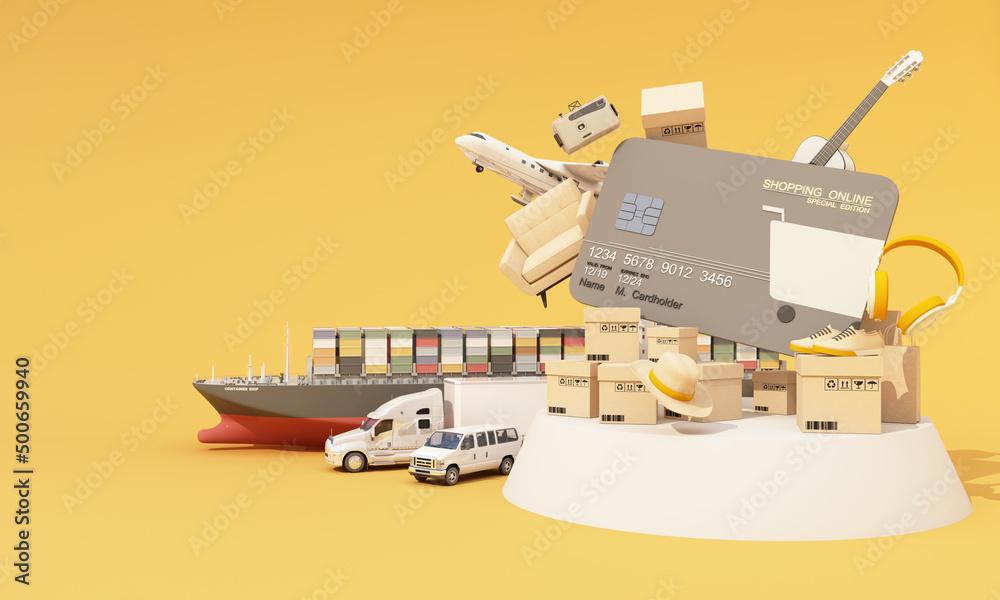 international transport shipping concept with credit card surrounded by ...